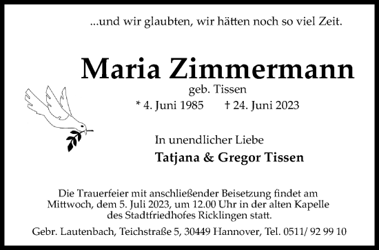 Traueranzeigen von Maria Zimmermann | trauer-anzeigen.de