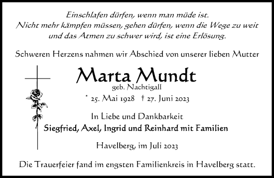 Traueranzeigen von Marta Mundt | trauer-anzeigen.de