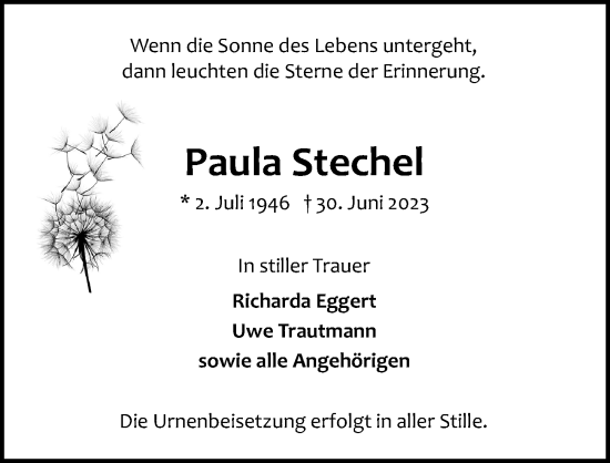 Traueranzeigen von Paula Stechel | trauer-anzeigen.de