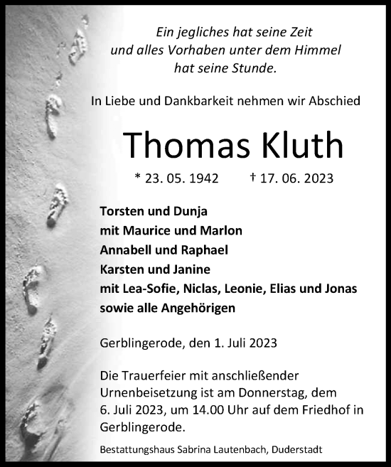 Traueranzeigen von Thomas Kluth | trauer-anzeigen.de