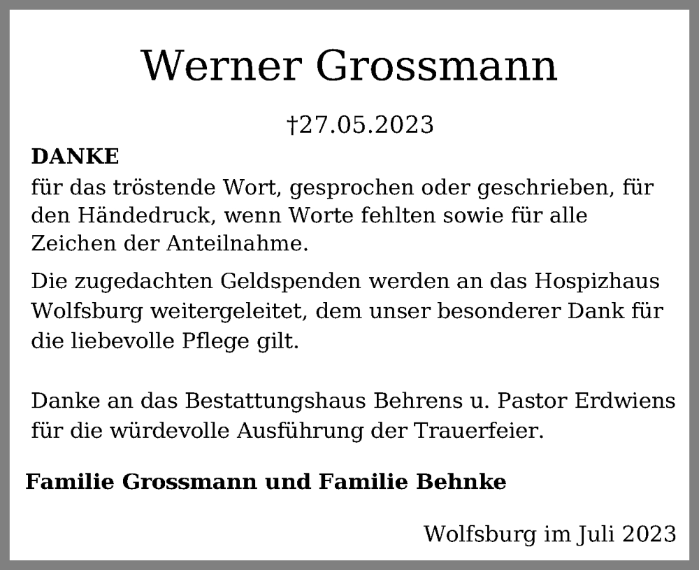 Traueranzeigen von Werner Grossmann | trauer-anzeigen.de