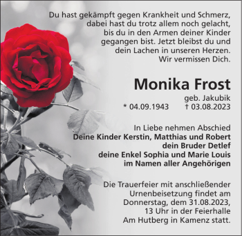 Traueranzeigen von Monika Frost | trauer-anzeigen.de