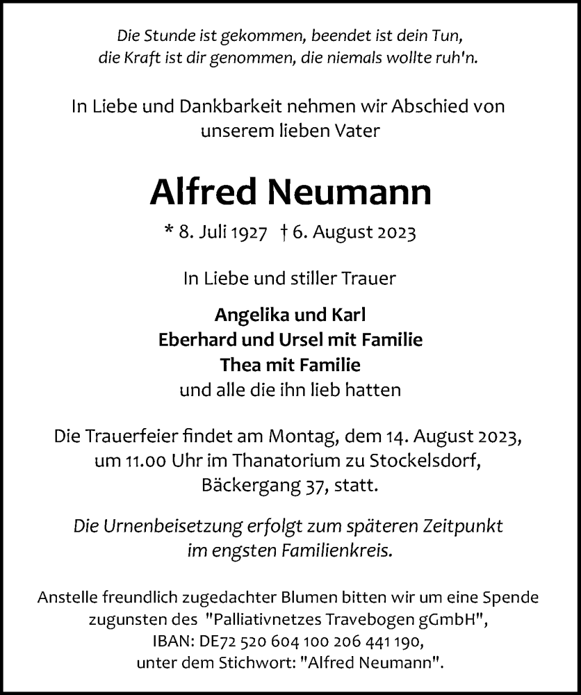 Traueranzeigen von Alfred Neumann | trauer-anzeigen.de