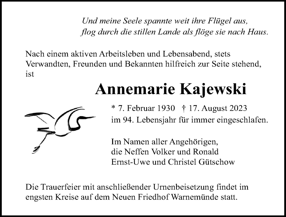 Traueranzeigen von Annemarie Kajewski | trauer-anzeigen.de