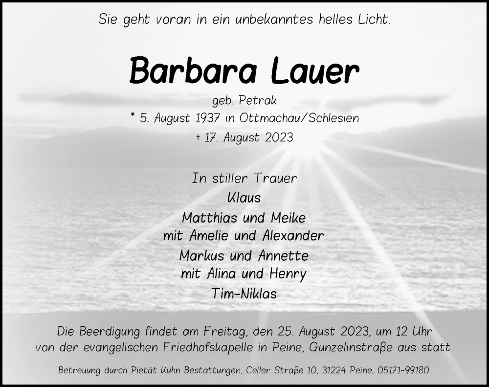 Traueranzeigen von Barbara Lauer | trauer-anzeigen.de
