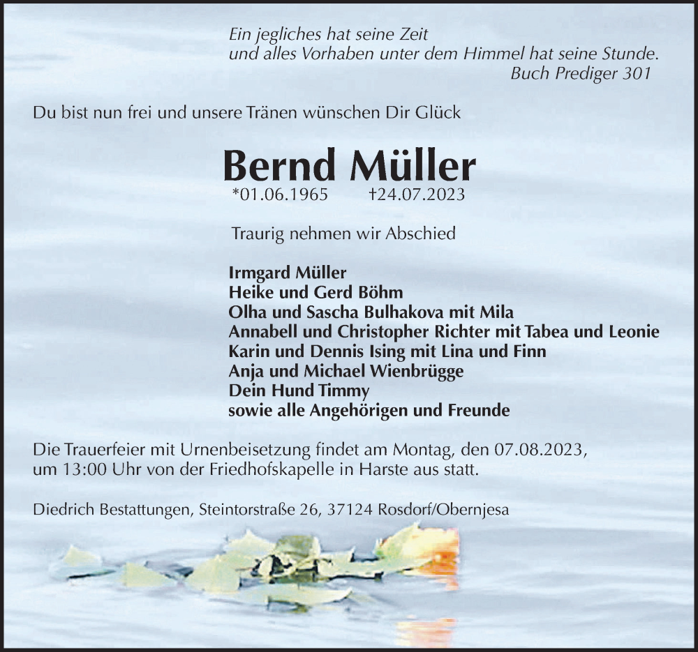 Traueranzeigen von Bernd Müller | trauer-anzeigen.de