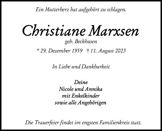 Traueranzeigen von Christiane Marxsen | trauer-anzeigen.de