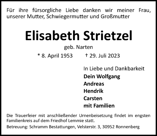 Traueranzeigen von Elisabeth Strietzel | trauer-anzeigen.de