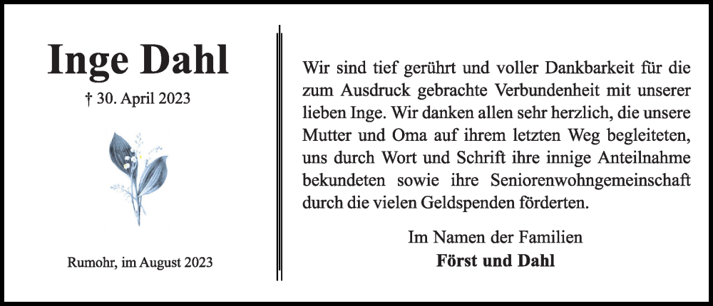 Traueranzeigen von Inge Dahl | trauer-anzeigen.de