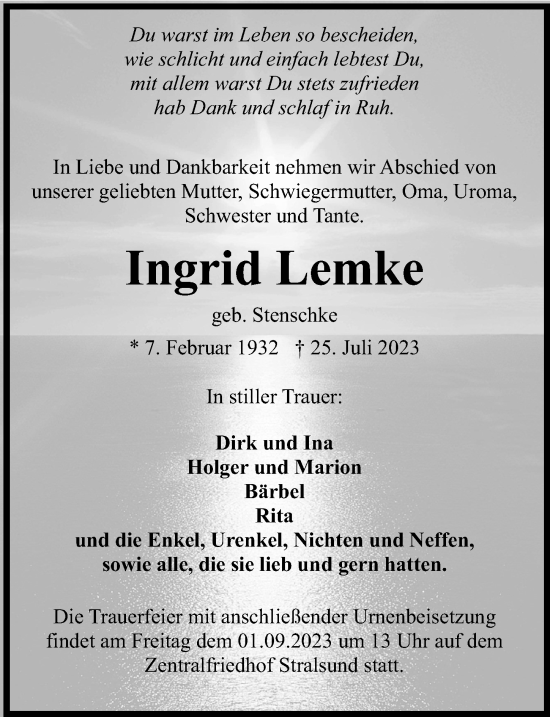 Traueranzeigen von Ingrid Lemke | trauer-anzeigen.de