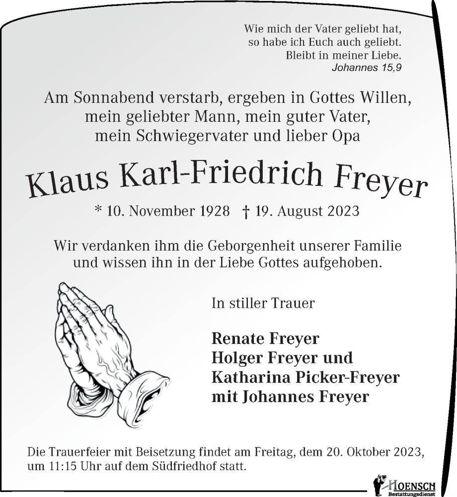 Traueranzeigen von Klaus Karl-Friedrich Freyer | trauer-anzeigen.de