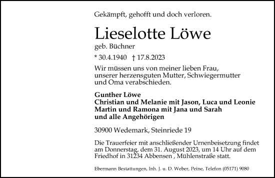 Traueranzeigen von Lieselotte Löwe | trauer-anzeigen.de