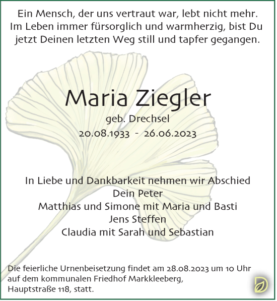 Traueranzeigen von Maria Ziegler | trauer-anzeigen.de