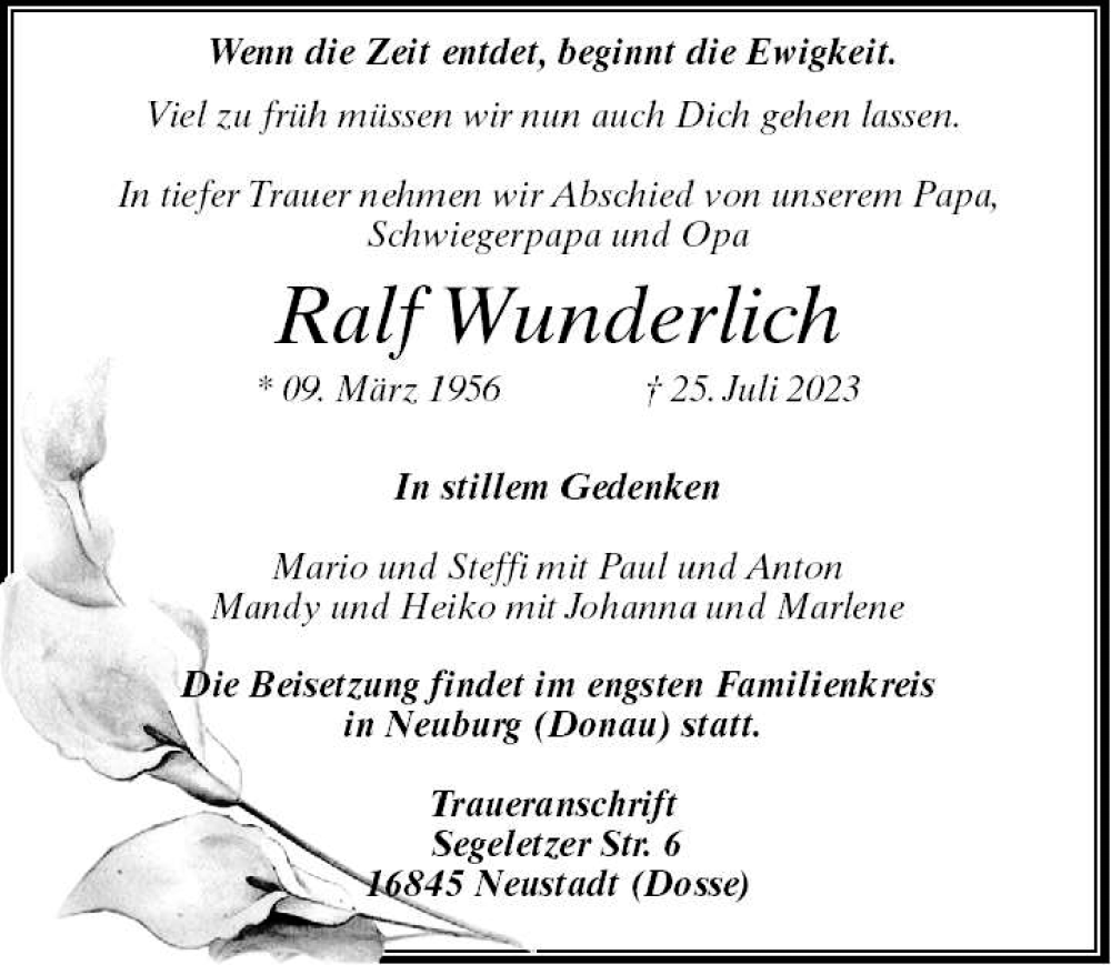 Traueranzeigen von Ralf Wunderlich | trauer-anzeigen.de