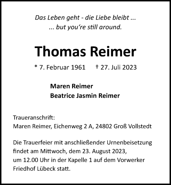 Traueranzeigen von Thomas Reimer | trauer-anzeigen.de