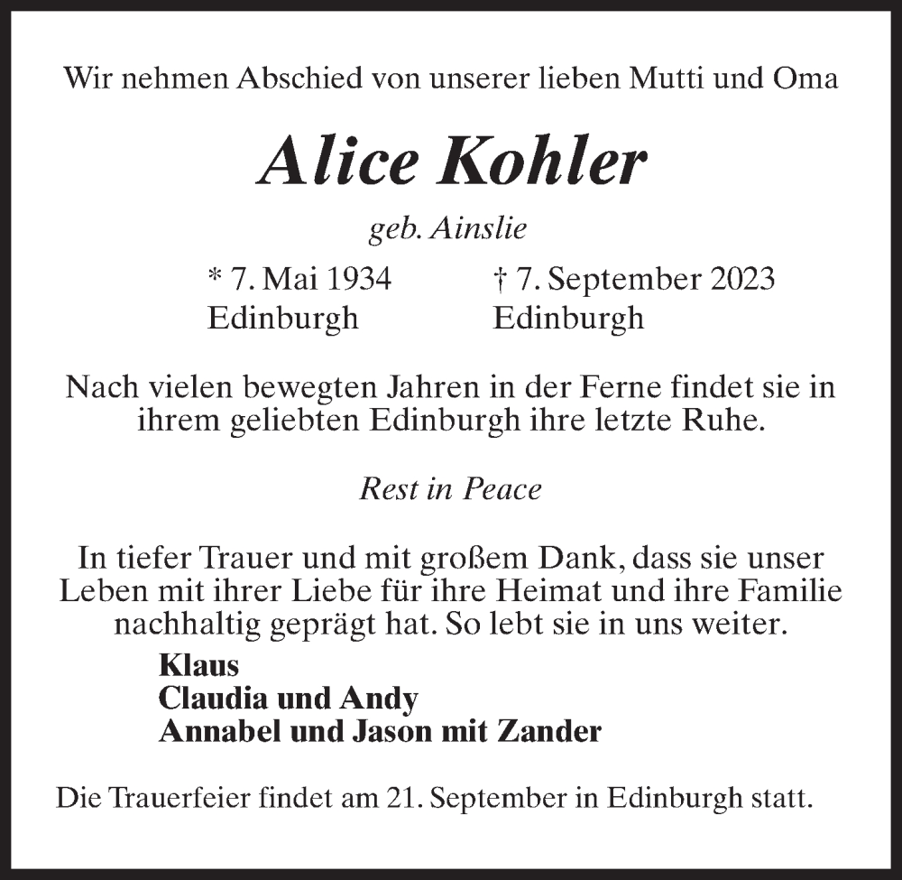 Traueranzeigen von Alice Kohler | trauer-anzeigen.de