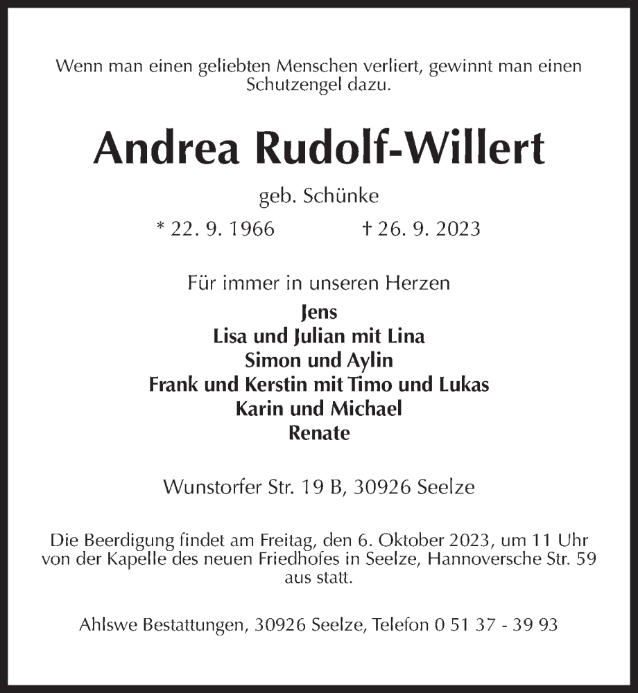 Traueranzeigen von Andrea Rudolf-Willert | trauer-anzeigen.de