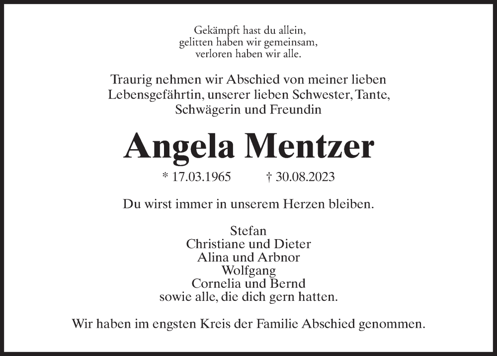 Traueranzeigen von Angela Mentzer | trauer-anzeigen.de