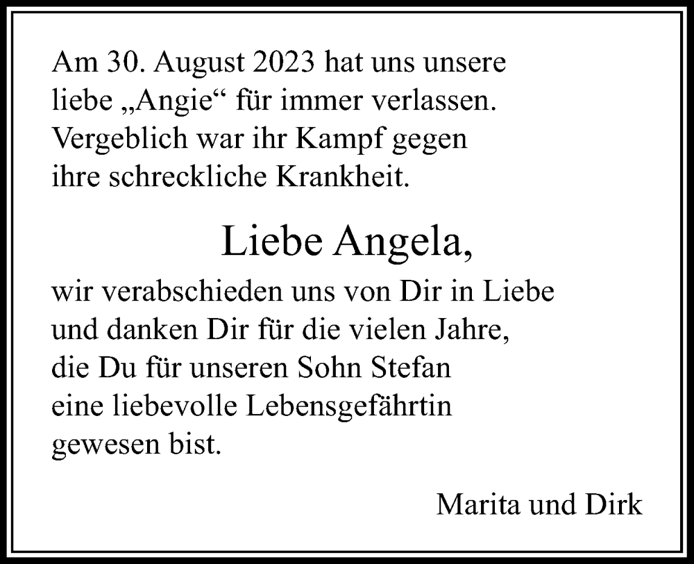 Traueranzeigen von Angela Mentzer | trauer-anzeigen.de