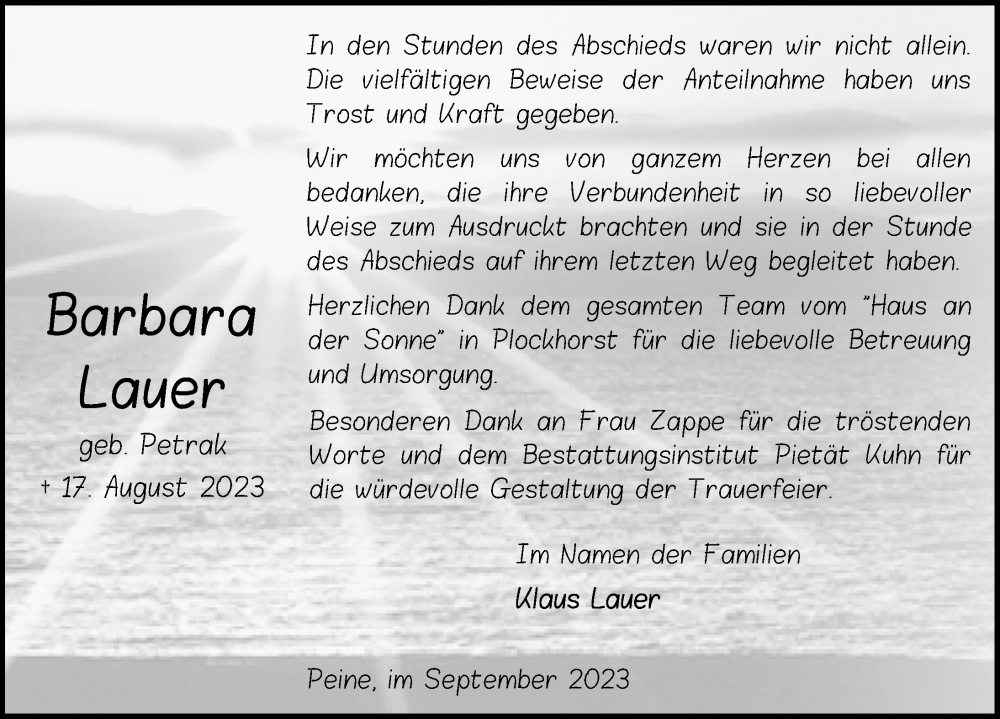 Traueranzeigen von Barbara Lauer | trauer-anzeigen.de
