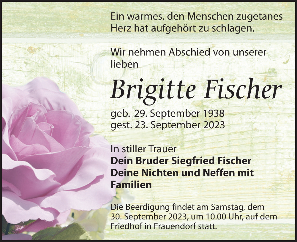 Traueranzeigen von Brigitte Fischer | trauer-anzeigen.de