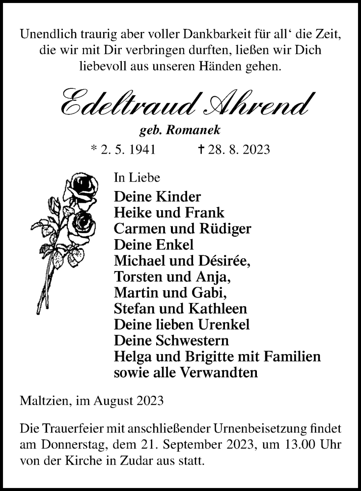Traueranzeigen von Edeltraud Ahrend | trauer-anzeigen.de