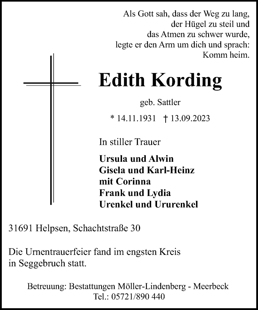 Traueranzeigen von Edith Kording | trauer-anzeigen.de