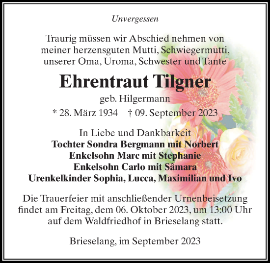 Traueranzeigen von Ehrentraut Tilgner | trauer-anzeigen.de