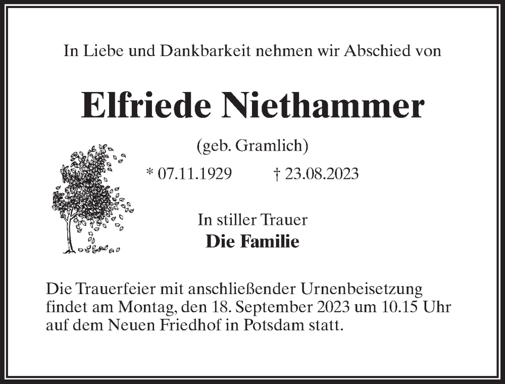 Traueranzeigen von Elfriede Niethammer | trauer-anzeigen.de
