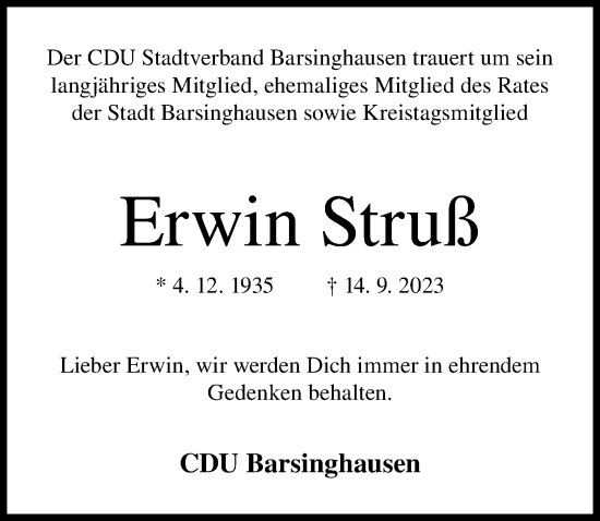 Traueranzeigen von Erwin Struß | trauer-anzeigen.de
