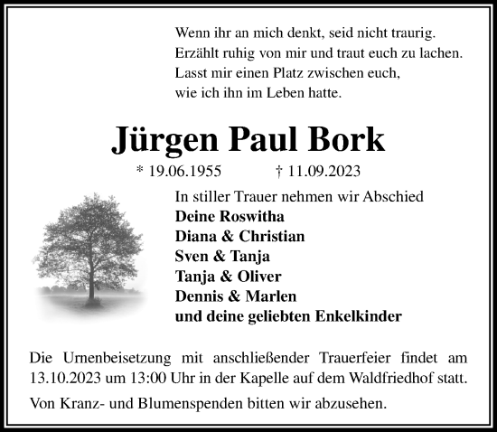 Traueranzeigen von Jürgen Paul Bork | trauer-anzeigen.de