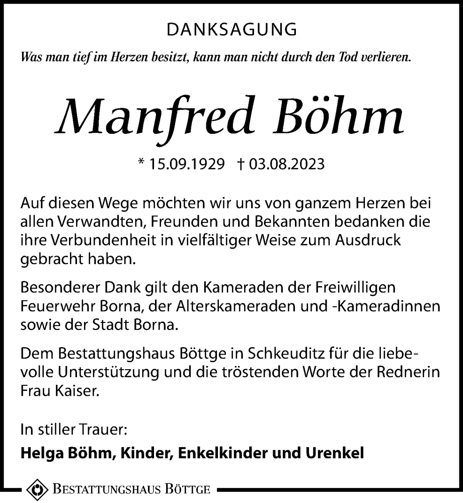 Traueranzeigen von Manfred Böhm | trauer-anzeigen.de