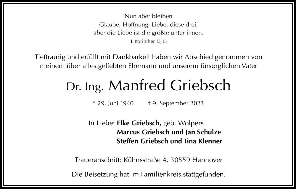 Traueranzeigen von Manfred Griebsch | trauer-anzeigen.de