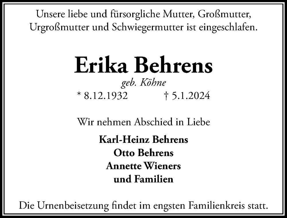 Traueranzeigen von Erika Behrens | trauer-anzeigen.de