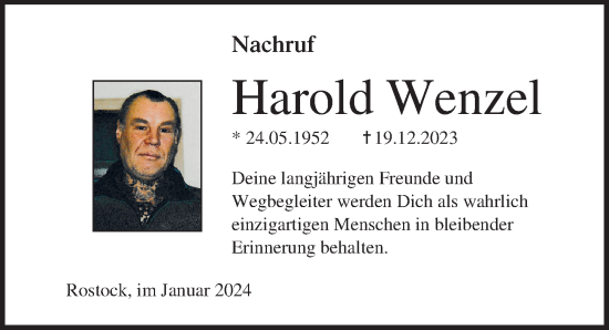 Traueranzeigen von Harold Wenzel | trauer-anzeigen.de