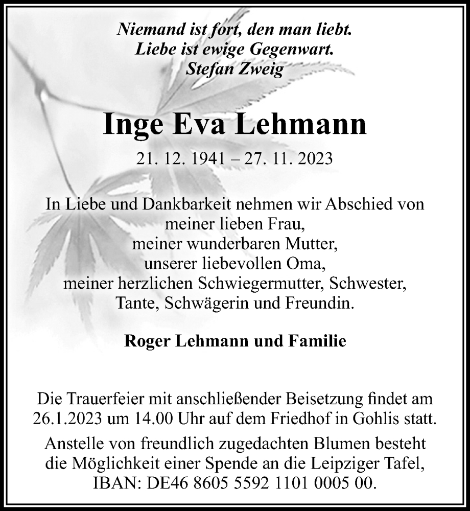 Traueranzeigen von Inge Eva Lehmann | trauer-anzeigen.de