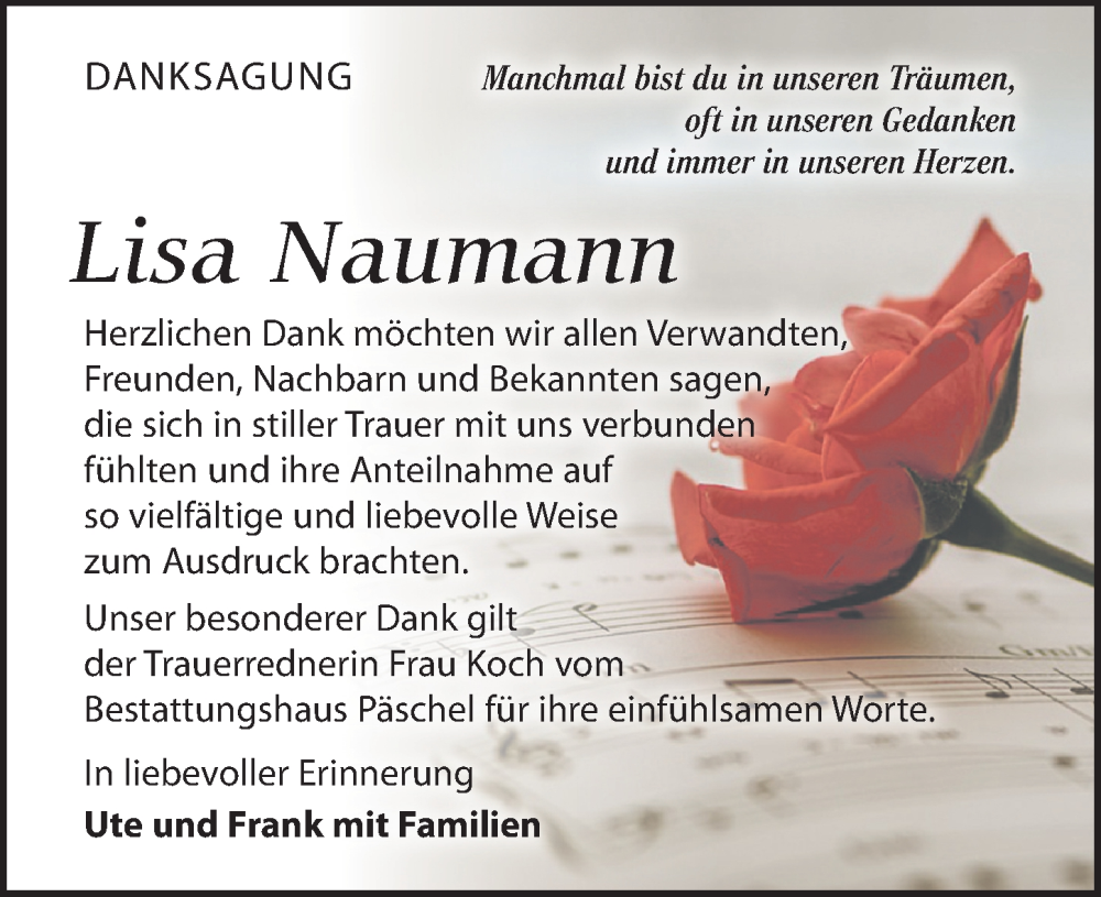 Traueranzeigen von Lisa Naumann | trauer-anzeigen.de