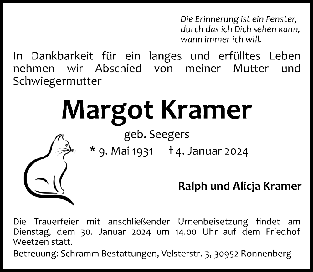 Traueranzeigen von Margot Kramer | trauer-anzeigen.de