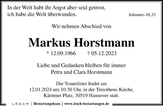 Traueranzeigen von Markus Horstmann | trauer-anzeigen.de