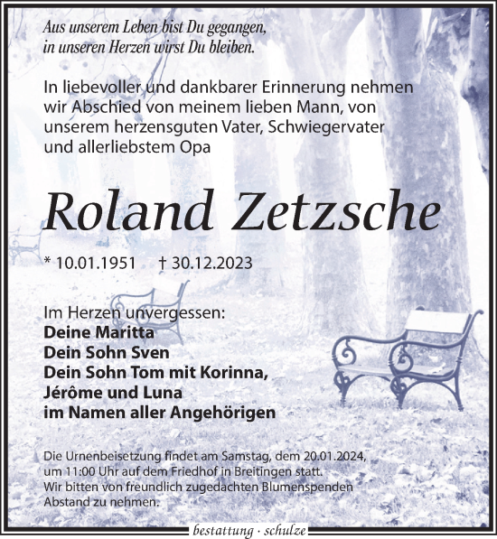 Traueranzeigen von Roland Zetzsche | trauer-anzeigen.de