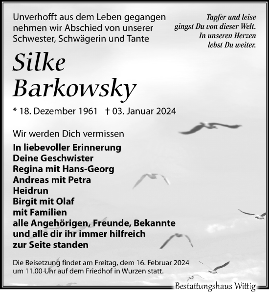 Traueranzeigen von Silke Barkowsky | trauer-anzeigen.de