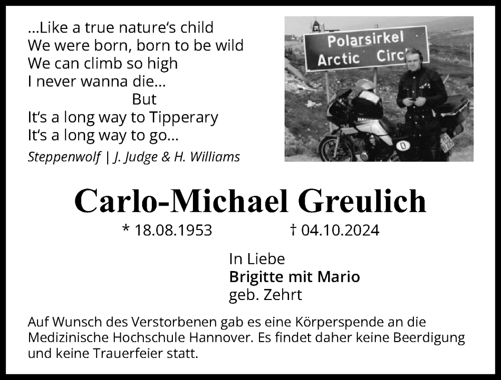 Traueranzeigen von Carlo-Michael Greulich | trauer-anzeigen.de