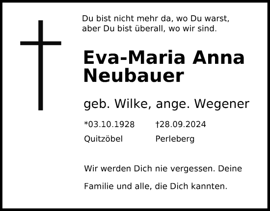 Traueranzeigen von Eva-Maria Anna Neubauer | trauer-anzeigen.de