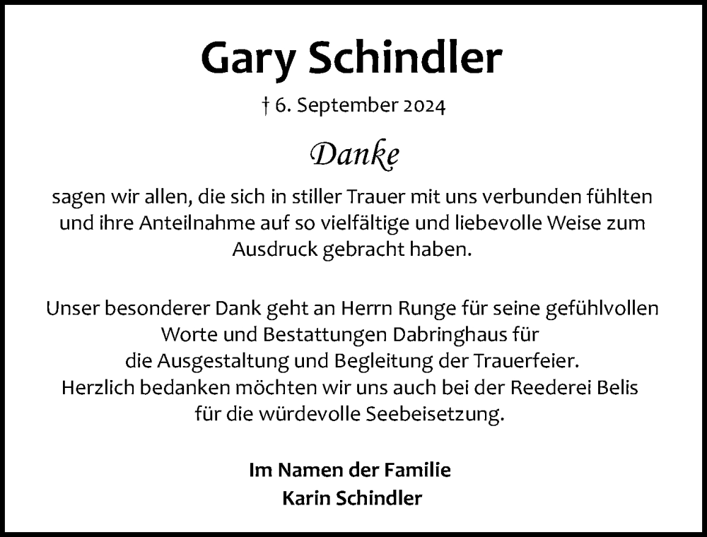Traueranzeigen von Gary Schindler | trauer-anzeigen.de