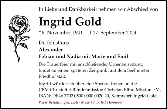 Traueranzeigen von Ingrid Gold | trauer-anzeigen.de