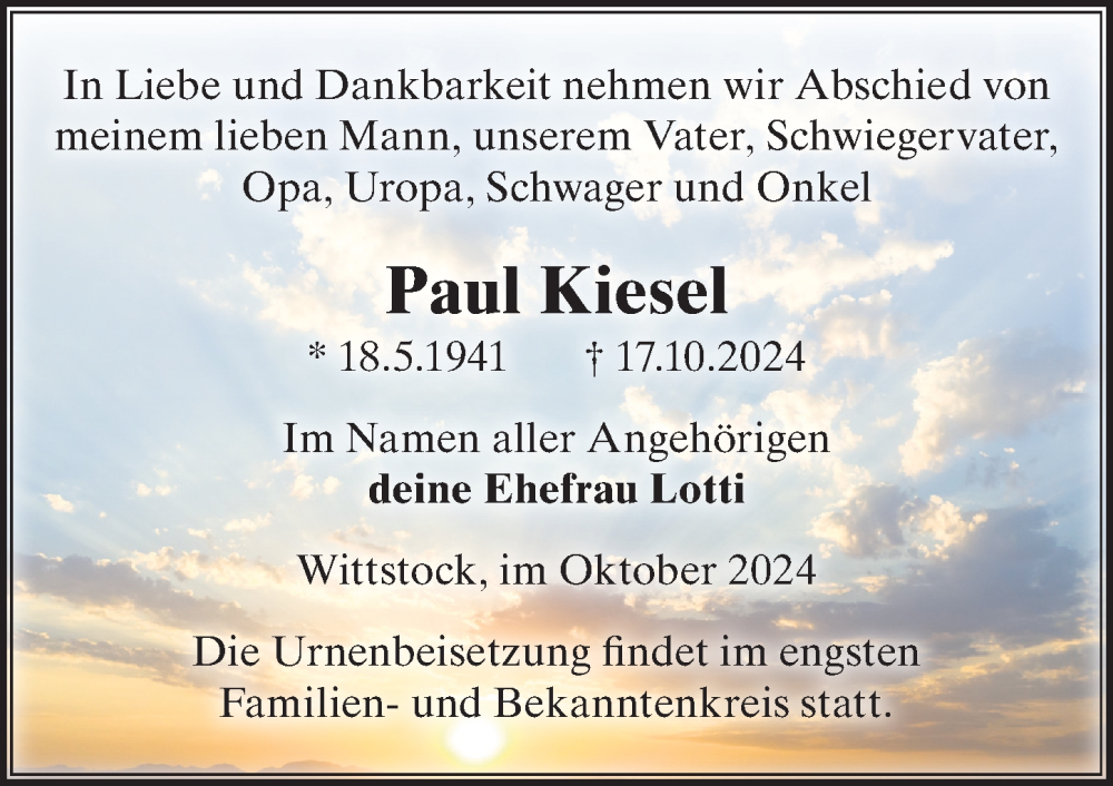 Traueranzeigen von Paul Kiesel | trauer-anzeigen.de