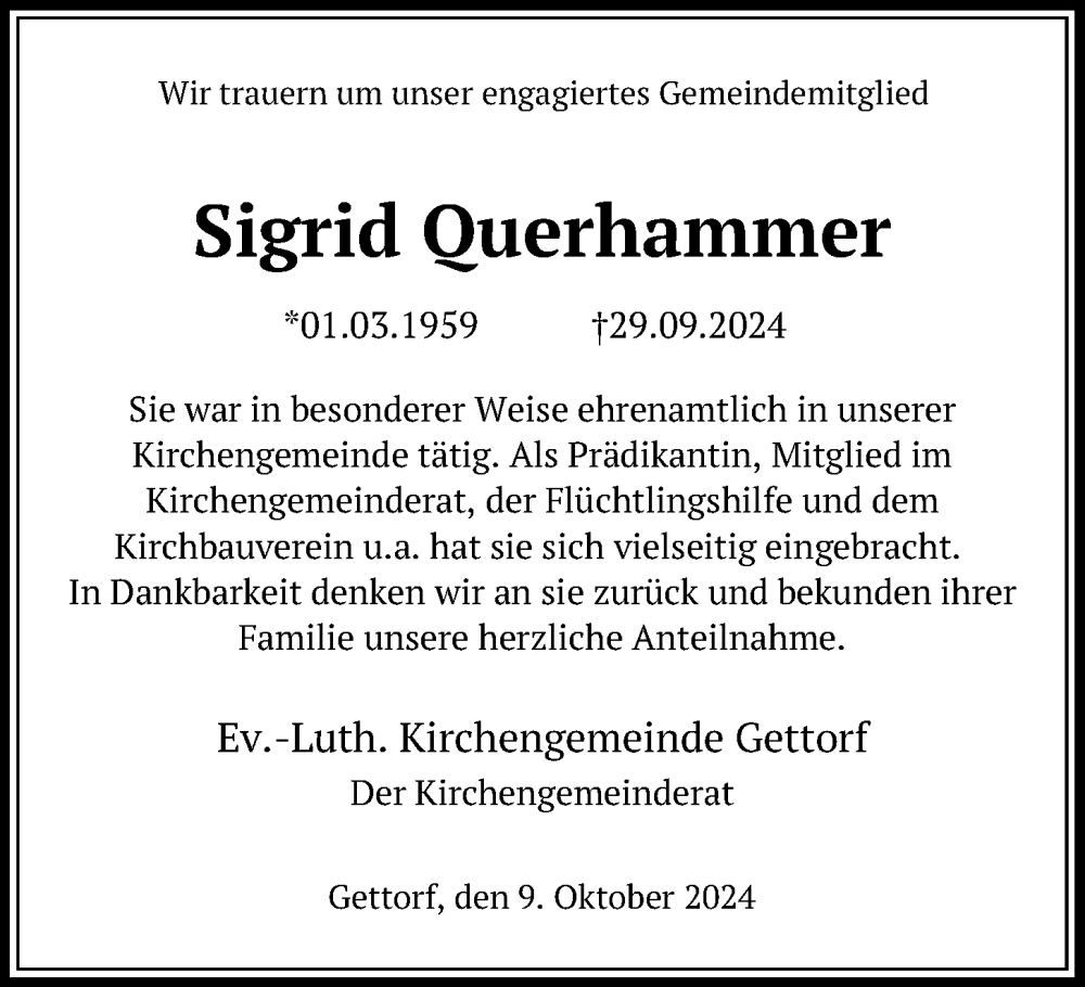 Traueranzeigen von Sigrid Querhammer | trauer-anzeigen.de