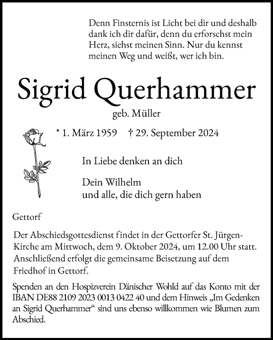 Traueranzeigen von Sigrid Querhammer | trauer-anzeigen.de