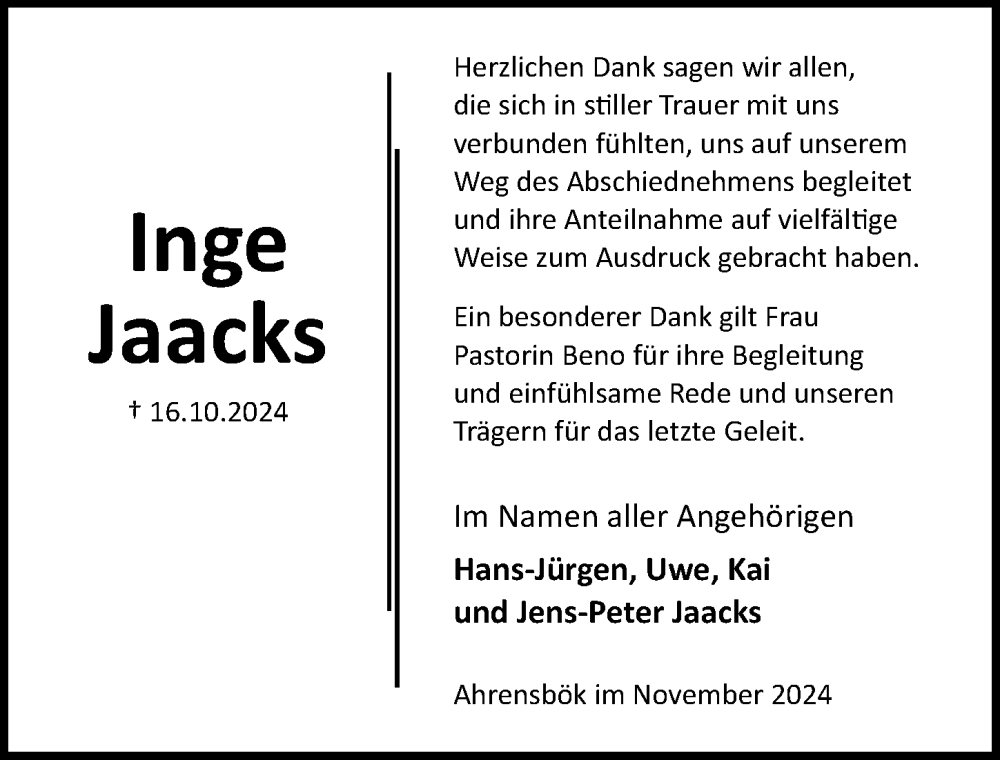 Traueranzeigen von Inge Jaacks | trauer-anzeigen.de