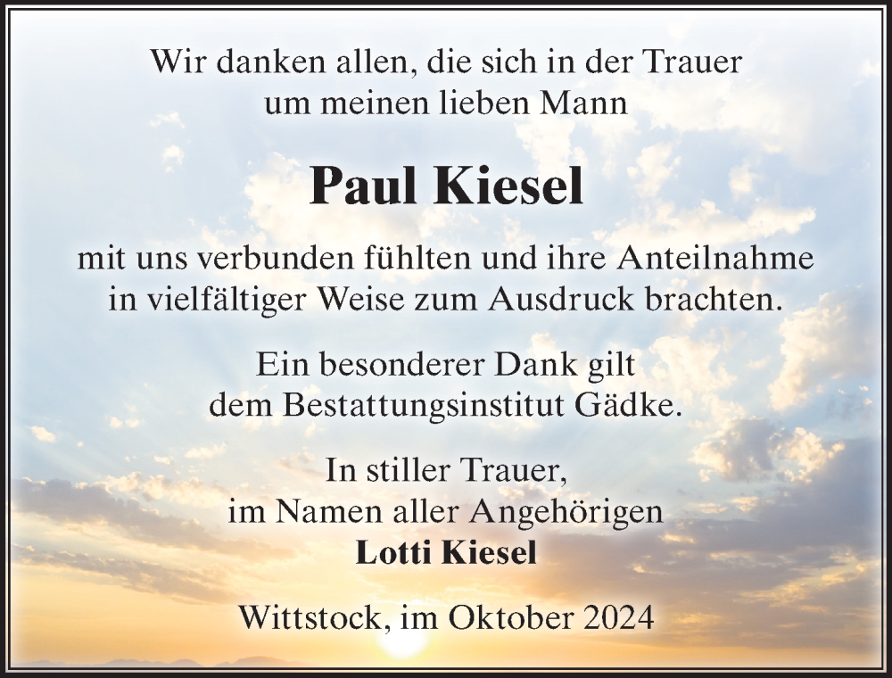 Traueranzeigen von Paul Kiesel | trauer-anzeigen.de